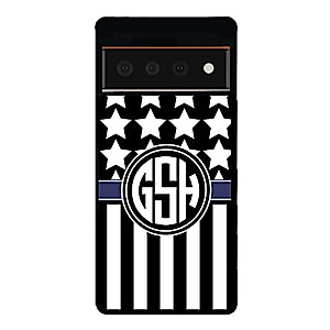 American Flag USA Thin Blue Line Police Monogram Black Rubber Phone Case Compatible With Google Pixel 8 Pro, 8a, 8, 7a, 7, Pixel 7 Pro, 6a, 6 Pro, 6, 5, 4a 5G, 4a 4G, 4, 4 XL, 3a, 3a XL, 3, 3 XL