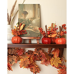 DN DECONATION Thanksgiving Decorations Set of 6 Artificial Pumpkin Decor, Decorative Pumpkin with Maple Leaves Berry for Harvest Fall Decor Table Centerpiece Home Kitchen Party