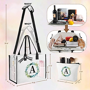 Personalized Customized 50th Friend Teacher Mrs Birthday Christmas Gifts, Can-vas Tote Bag for Women Floral Ini-tial Beach Bags w Cosmetic Bag Inner Pocket 2 Side Pocket Shoulder Strap Card Gift Box C