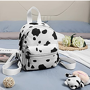 Amosfun Cow Pattern Backpack Cow Print Backpack Mini Canvas Daypack with Plush Cow Pendant for Bag Accessory