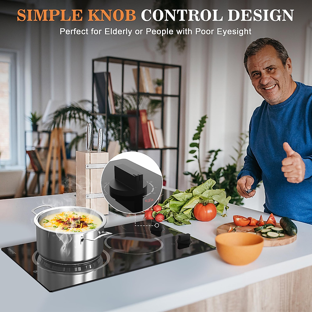 Jessier 2 Burner Electric Cooktop - 12 Inch Plug in Portable 110V Electric Cook Top, Built-in & Countertop Ceramic Stove Top with Knob Control, 9 Power Levels and Overheat Protection