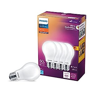 PHILIPS LED Frosted Dimmable Warm Glow Effect A19, Ultra Definition, Flicker-Free, EyeComort Technology, 800 Lumen, 2200K-2700K, 8W=60W, E26 Base, Title 20 Certified, (576116) 4-Pack