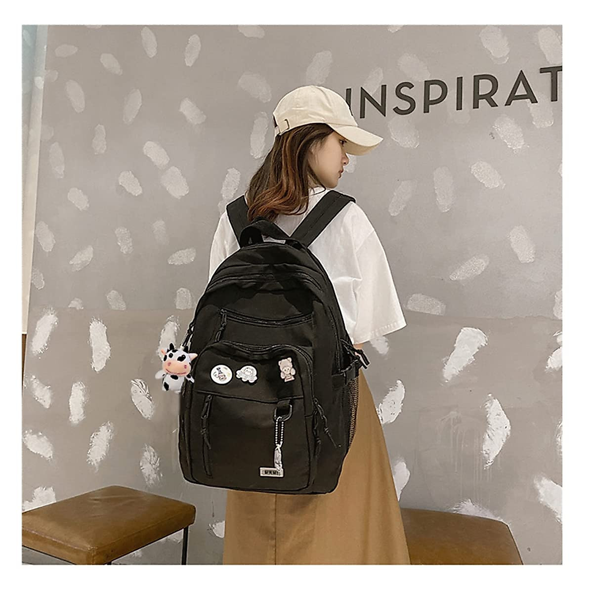 SPORTBANG Cute Aesthetic Backpack for teen girls middle school Bag Student Laptop White Backpacks With Cute pin accessories(Black, One Size)