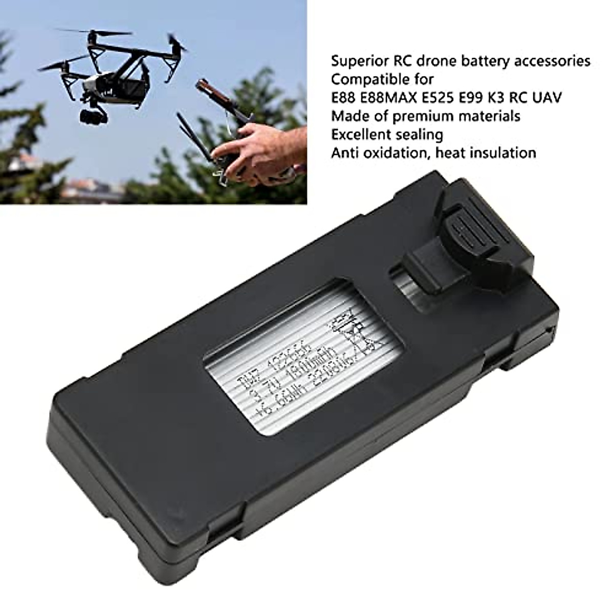 TOUISEDGI RC Drone Battery, Lightweight Professional 3.7V 1800Mah Remote Control UAV Battery for E88 E88MAX E525 E99 K3 RC UAV(Black)