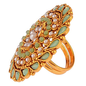 Efulgenz Indian Jewelry Rings for Women Crystal Kundan Rings for Women Antique Round Faux Pearl Crystal Kundan Bollywood Adjustable Big Finger Ring for Women