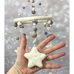 Wool Stars Nursery Mobile for Baby's Room Decoration, Unisex Boy Girl White Grey Taupe