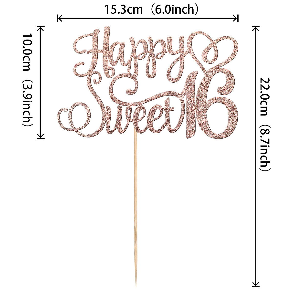 1 PCS Happy Sweet 16 Cake Topper Glitter 16th Birthday Cake Pick Cheers to 16 Years Birthday Cake Decoration for Happy 16th Birthday Anniversary Party Decorations Supplies Rose Gold