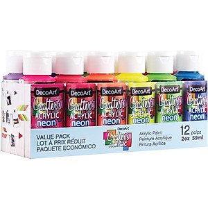 DecoArt DASK396 Crafters Acrylic Brights Value Pack44; Neon & Brights - 12 per Pack12