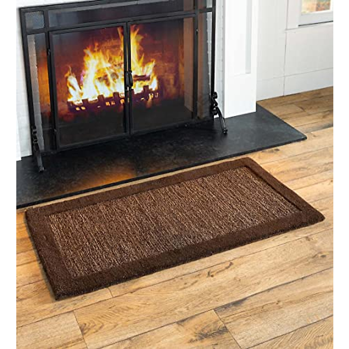 Plow & Hearth Madrid 2'x4' Banded Half Round Fireproof Hearth Rug | Charcoal Brown | 100% Wool Fireplace Mat | Protect Home Décor Hardwood Floor and Carpet from Sparks and Embers Wood Stove