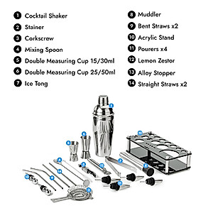 Mixology Bartender Kit, 21-Piece Cocktail Shaker Set Stainless Steel Drink Shaker Bar Set with Acrylic Stand, Perfect Cocktail Set for Drink Mixing, Home, Bar and Parties