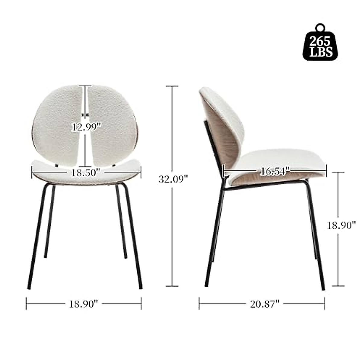 Art Leon Dining Chairs, Set of 2, Modern Boucle Fabric Dining Room Chairs with Bentwood, Armless Accent Chairs with Metal Legs for Kitchen Restaurant, White