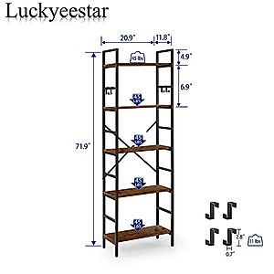 Luckyeestar 5 Tier Tall Bookshelf, Bookcase Shelf Storage Organizer, Modern Book Shelf for Bedroom, Living Room and Home Office, Wood & Metal (Rustic Brown)