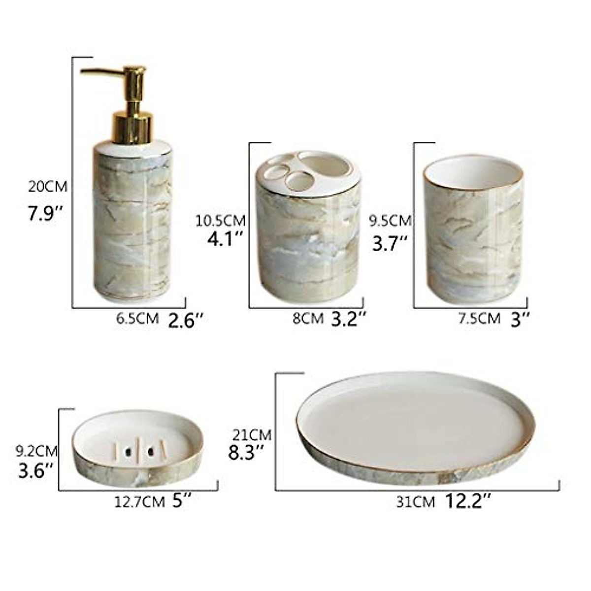 TFIIEXFL Ceramics Bathroom Accessories Set, 4 Piece Bath Ensemble, Bath Set Collection Pattern Soap Dispenser Pump, Toothbrush Holder, Tumbler, Soap Dish