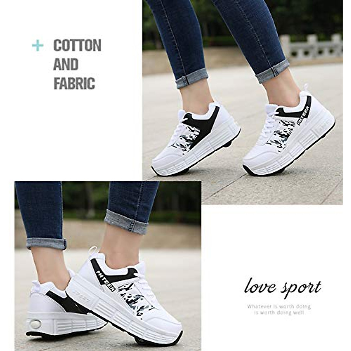 UGUHU Shoe with Wheels Retractable Skateboarding Outdoor Roller Skate Shoes Wheels Shoes Cross Trainers Sneakers for Boys Girls,WhiteDoubleWheel-32