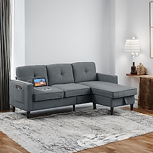 Uoobmope 78" L Shaped Sectional Couch, 3-Seat Sectional Sofa w/Movable Storage Ottoman & USB, Upholstered Linen sofa w/Reversible Chaise Lounge for Apartment,Compact/Small Spaces-Dark Grey