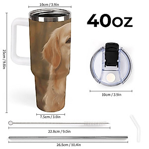 LLUTSNTH 40 Oz Vacuum Tumbler with White Handle Leakproof Insulated Tumbler Golden Retriever Stainless Steel Travel Mug with Lid And Straw Coffee Cup Cute Water Bottles Cup Holder Friendly