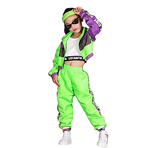 LOLANTA Girls Dance Clothing Set, Hip Hop Modern Jazz Team Performance Costume, Girls Dance Wear Sets (Green, 5-6)