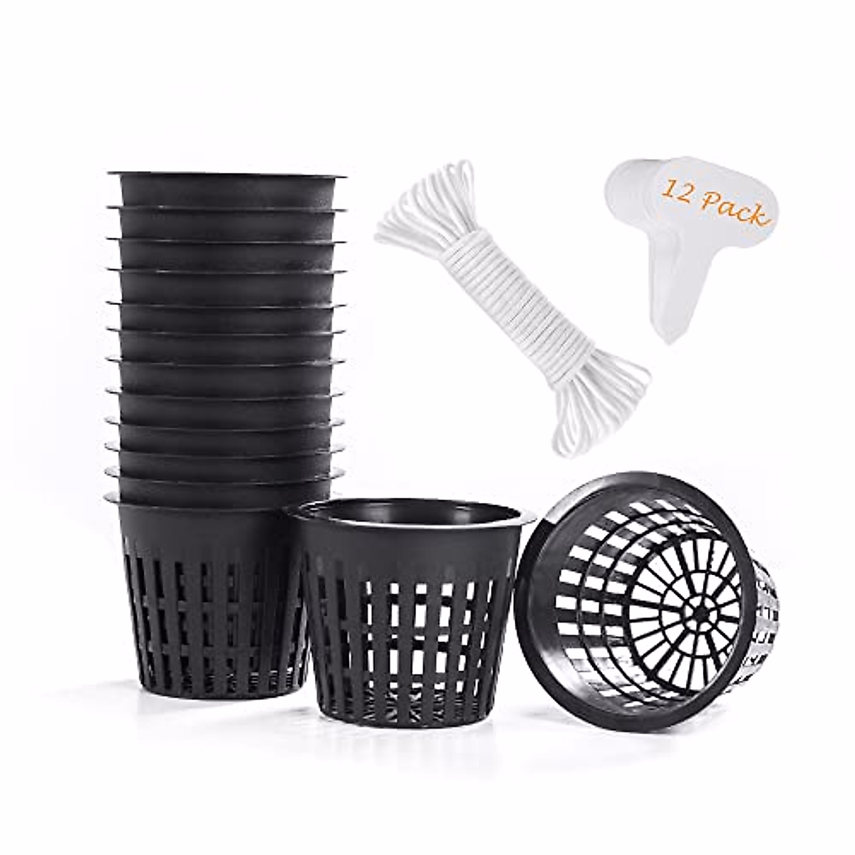 12 Pack 3 inch Net Cup Pots with 12 feet Hydroponic Self Watering Wick & 12 Plant Labels Aquaponics Mason Jar Bucket Insert Orchid kratky Vegetable Gardening Growing Netted Baskets Slotted Mesh