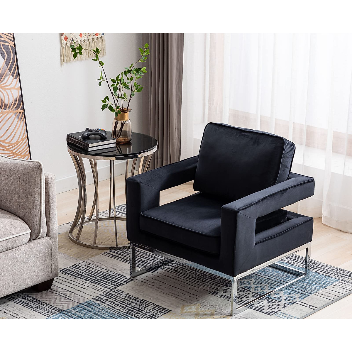 CIMOO Velvet Accent Chair Set of 2 with Back for Living Room, Modern Armchair for Bedroom Tufted Single Sofa Chair Upholstered Comfy Reading Chair Extra Wide Arm Chair with Sliver Legs, Black