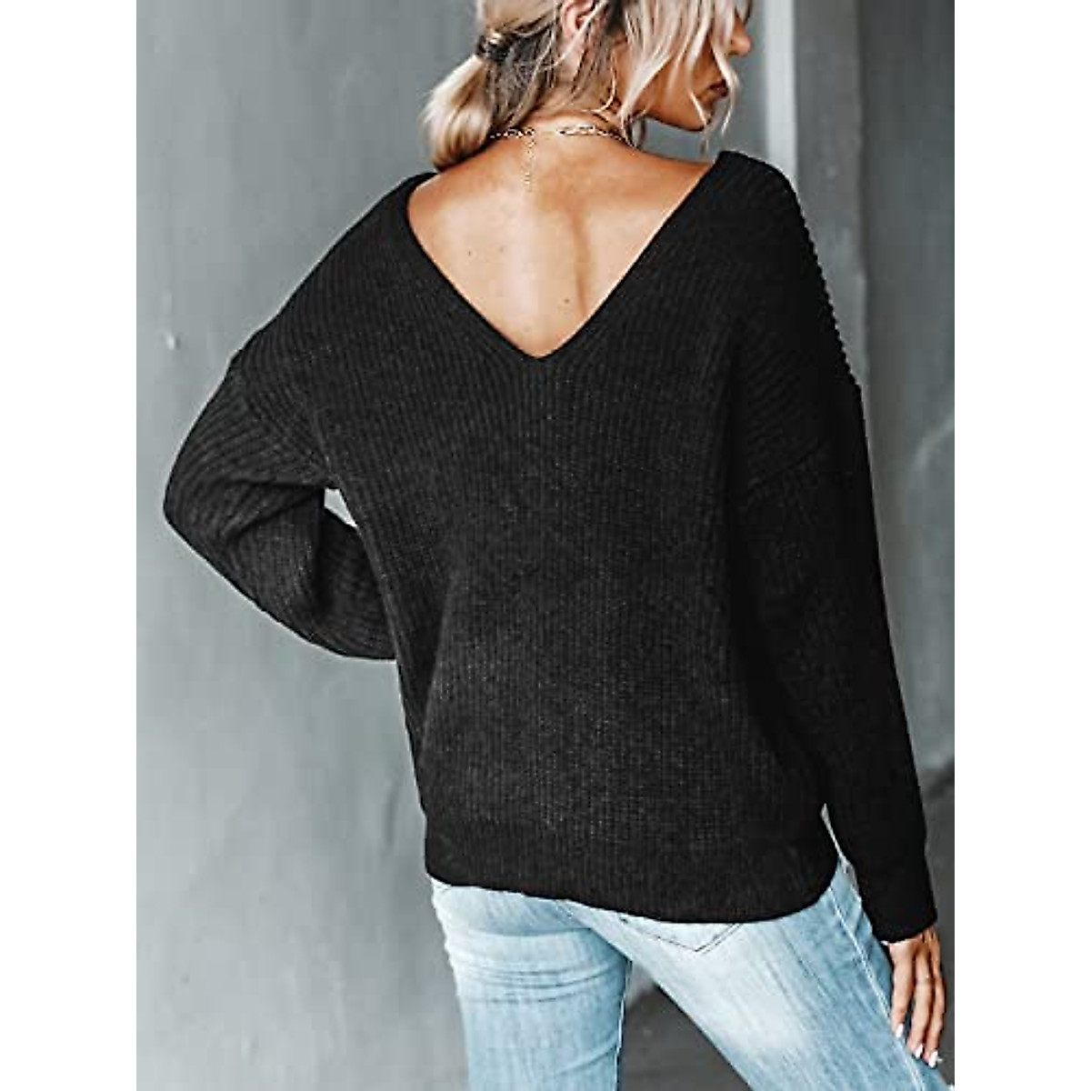 CUPSHE Women's V Neck Knit Sweaters Casual Pullover Oversized Fit Top with Long Sleeves, Black M