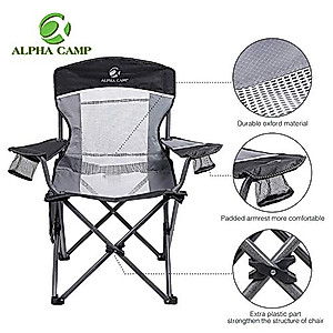ALPHA CAMP Oversized Mesh Back Camping Folding Chair Heavy Duty Support 350 LBS Collapsible Steel Frame Quad Chair Padded Arm Chair with Cup Holder Portable for Outdoor (Black/Grey)