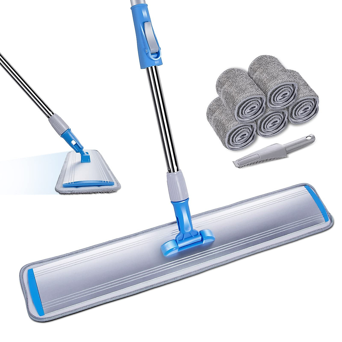 Masthome Commercial Wet Mop 24'' Large Microfiber Mop,Aluminum Flat Mop with Adjustable Stainless Steel for Wet and Dust Cleaning Heavy Duty Floor Mop with 5 Mop Pads and 1 Cleaning Scraper