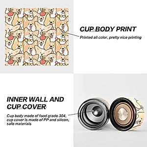 CaTaKu Cute Dog Corgi Water Bottle Insulated 16 oz Stainless Steel Flask Thermos Bottle for Coffee Water Drink Reusable Wide Mouth Vacuum Travel Mug Cup