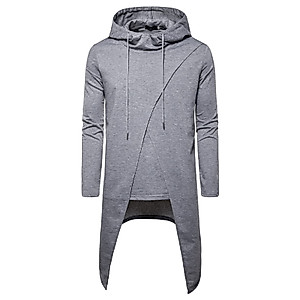 Maiyifu-GJ Men's Irregular Hem Slim Fit Hoodie Hip Hop Hoodies Cape Cloak Jacket Lightweight Mid-Length Hooded Pullover (Light Grey,Large)