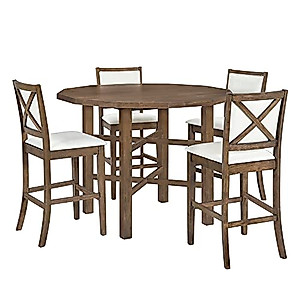 HAUSHECK 4 Counter Height Kitchen Room Irregular Round Table, High-Back Chairs, Rubber Wood Legs, Comfortable Cushioned, 5 Piece Dining Set for Small Places, Brown