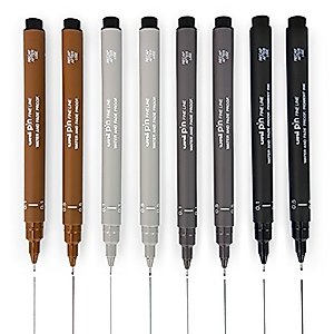 Uni Pin Fineliner Drawing Pen - Sketching Set of 8-0.1mm / 0.5mm - Black, Dark Gray, Light Gray, and Sepia