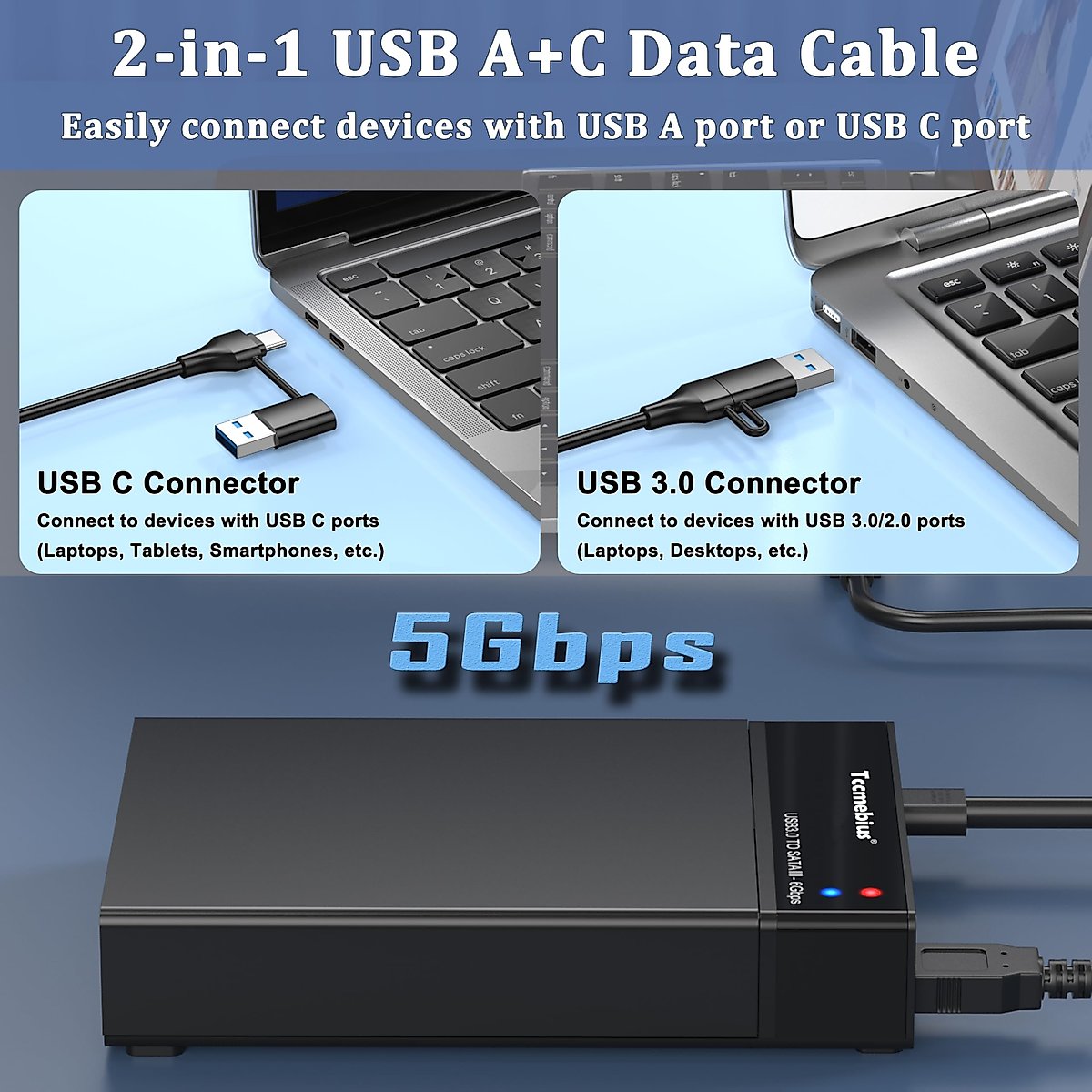 Tccmebius External Hard Drive Enclosure USB 3.0 to SATA Docking Station for 2.5 3.5 Inch SATA I/II/III HDD SSD with USB A/C Cable, Up to 20TB, Support UASP Automatic Sleep Function, Tool-free (TCC-S8)