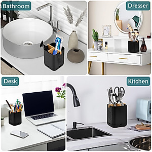 Boperzi Black Toothbrush Holders for Bathroom, Electric Toothbrush Holder with Bamboo Divider, Detachable Anti-Slip Toothbrush and Razor Holder Drainage for Shower, Toothbrush Organizer and Storage