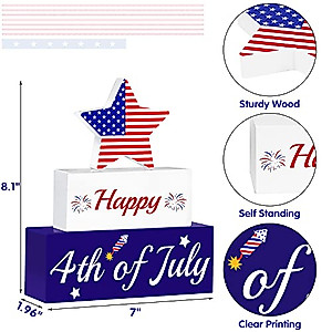 4th of July Patriotic Decorations, 3Pcs Wooden Signs, Fourth of July Red White and Blue Decorations, Memorial Day Independence Day July 4th Decor for Home Tiered Tray Decor