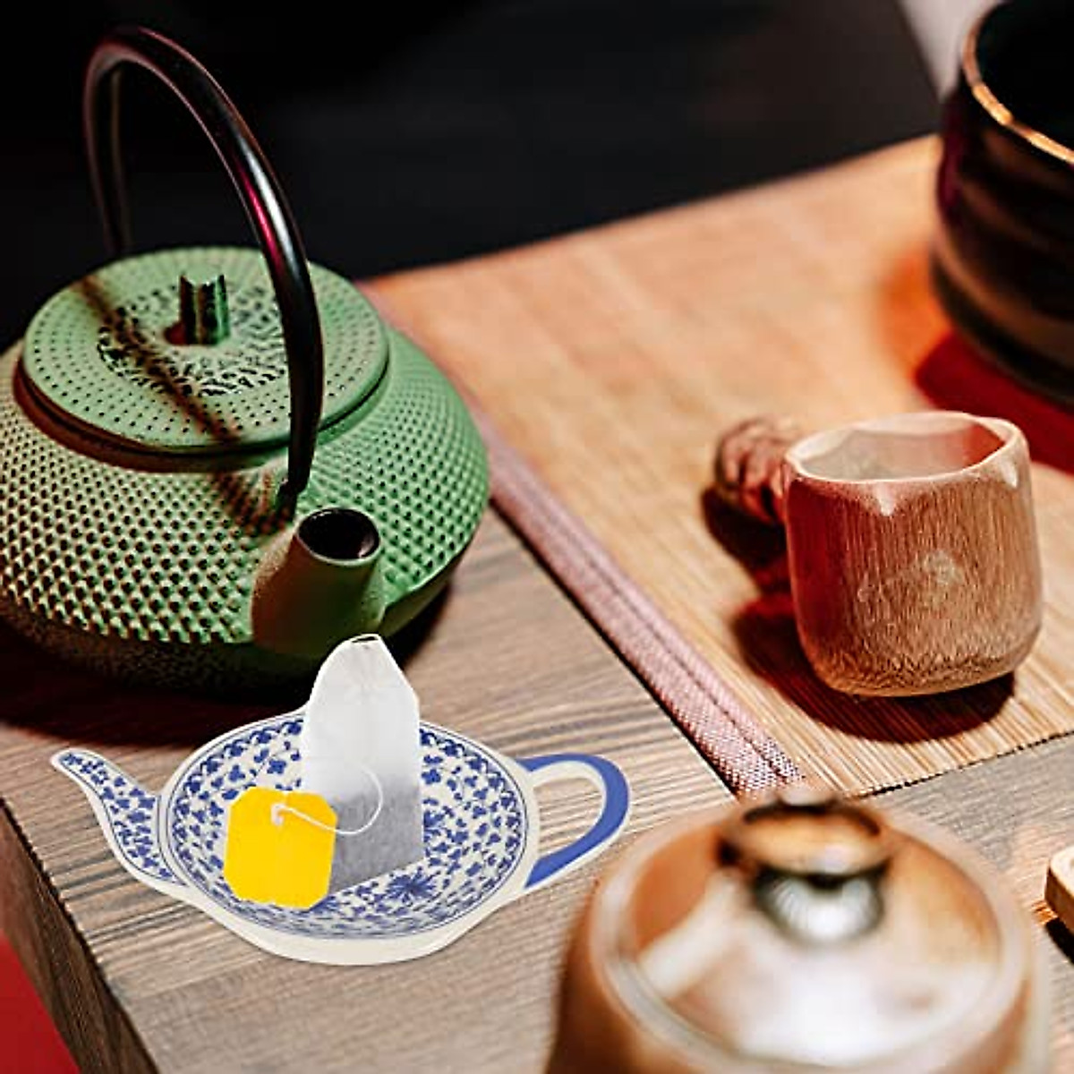 Soy Sauce Dish 4 Pcs Teapot Shaped Tea Bag Holder Ceramic Tea Bag Saucer Teabag Coaster Snack Dish Seasoning Dish for Home Kitchen Sauce Dessert Rest Spoon Blue Tea Plates