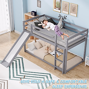 DreamBuck Twin Over Twin Bunk Bed with Convertible Slide and Ladder, Wooden Low Bunk Bed for Kids Teens with Safety Guardrails, Floor Bunk Bed for Boys Girls, Space Saving & Easy Assembly, Grey