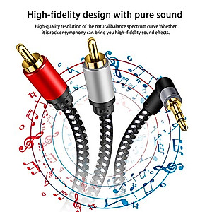 3.5mm Aux Cables, 90° RCA Audio Cable, 3.5mm to 2-Male RCA Stereo Splitter Cable 1/8" Right Angle TRS to RCA Straight Plug Audio Auxiliary Cord,Hi-Fi Sound, Nylon Braided (3.3ft/1m)