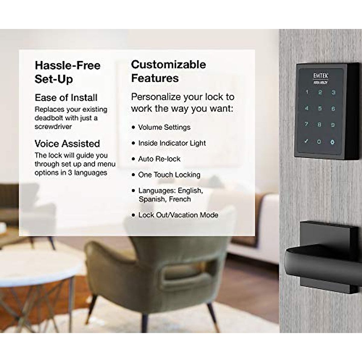Emtek Empowered Motorized Touchscreen Keypad Smart Deadbolt - Connected by August, Flat Black Coated (US19), Model: EMP1101US19