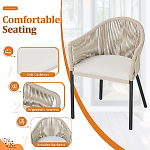 Devoko Patio Furniture Set 3 Pieces Rope Woven Bistro Set Outdoor Conversation Set with 2 Wide Chairs,Cushions and Tempered Glass Table for Balcony Porch Backyard Garden Poolside