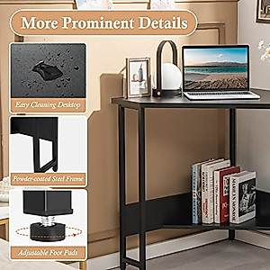 GOFLAME Corner Desk with Power Outlet, Triangle Computer Desk for Small Space, Space-Saving Writing Desk with Storage Shelf and Charging Station, Modern Laptop PC Desk for Home Office (Black)