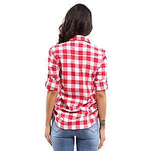 OCHENTA Women's Roll Up Sleeve Button Down Plaid Flannel Shirt Fall Casual Tops M042 Red White M