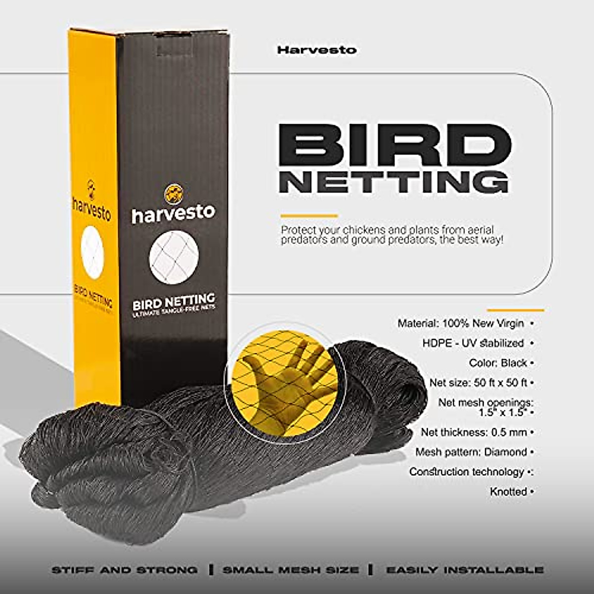 Harvesto 25 x 50Ft Bird Netting for Chicken Coops and Runs with 1.5" x 1.5" Durable Mesh Size; Keep Hawks and Birds Away and Protect Chicks from Raccoons, Fox and More Wild Animals