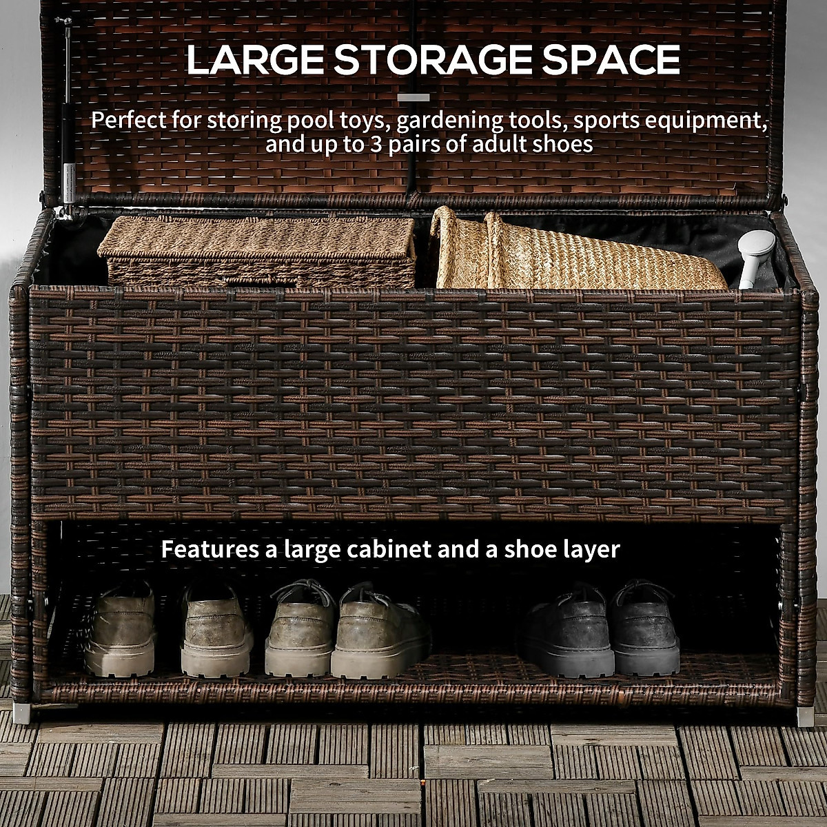 Outsunny Outdoor Deck Box and Waterproof Shoe Storage, PE Rattan Wicker Towel Rack with Liner for Indoor, Outdoor, Patio Furniture Cushions, Pool, Toys, Garden Tools, Brown