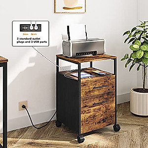HOOBRO 2 Drawers File Cabinet, Filing Cabinet with Charging Station, Office Cabinet with Open Shelf, Wheels, Hanging File Folders, for A4, Letter Size, Home Office, Rustic Brown BF651WJ01
