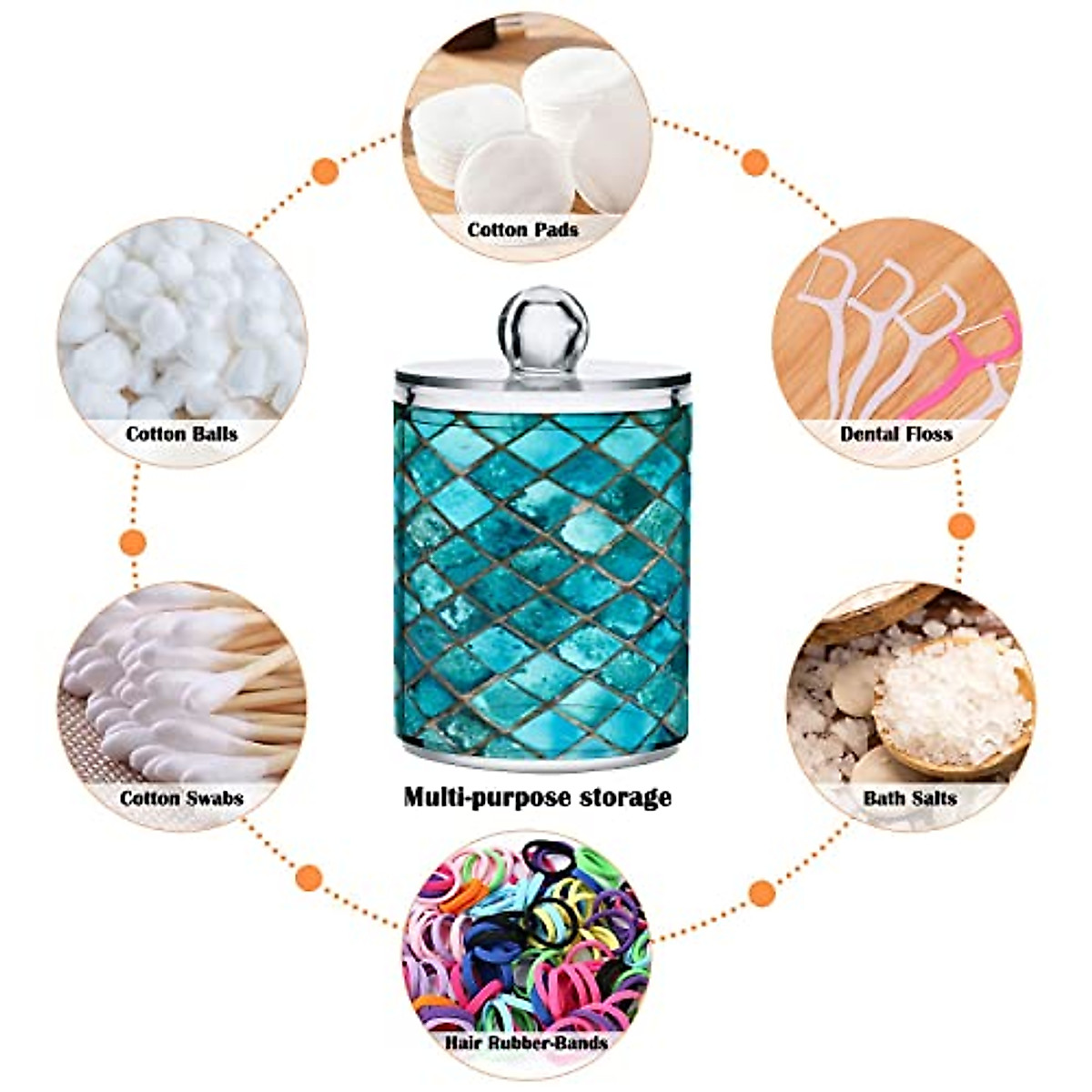 Turquoise Glass Mosaic Qtip Holder Dispenser Teal Geometric Bathroom Canister Storage Organization 2 Pack Clear Plastic Apothecary Jars with Lids Vanity Makeup Organizer For Cotton Ball Swab Floss