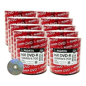 1000 Pack Ridata DVD-R 16X 4.7GB 120 Min Silver Logo Top Blank Data Video Media Recordable Disc