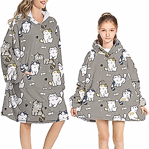 Darrenvan Wearable Blanket Hoodie Oversized Sweatshirt Blanket Adults women men Hooded Sherpa Blanket Giant Pocket reversible clothes Grey cat