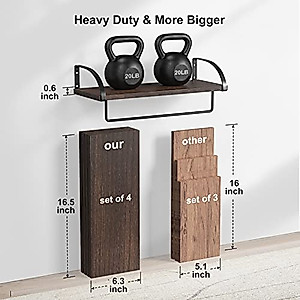 HOORMEEY Floating Shelves Set of 4, Rustic Wood Wall Shelves for Bedroom, Wall Mounted Bathroom Shelves with Towel Bar, Hanging Shelf for Living Room Kitchen Storage, Wall Decor