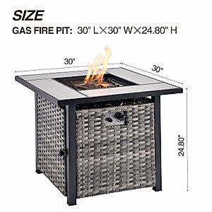 XIZZI 30 Inch Gas Fire Pit Table,50,000 BTU Stainless Steel Fire Table with Lid and Volcanic Rock, All Weather Wicker Outdoor Square Propane Fire Pits for Outside,30 * 30 * 25 Inches Grey Wicker