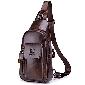 BULLCAPTAIN Mens Genuine Leather Sling Crossbody Bag Travel Casual Multi-pocket Chest Bag Hiking Backpacks (Brown)