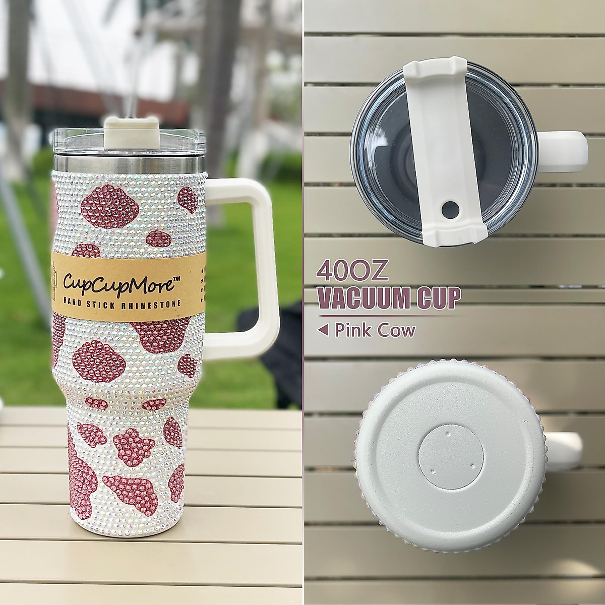 Cupcupmore 40oz Pink Cow Bling Rhinestone Stainless Steel Sippy Tumbler Glitter Vacuum Insulated Water Bottle with Straw & Lid & Handle,Thermos for Hot & Cold Drinks,Car Cup Holder,Coffee